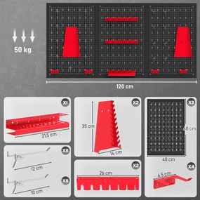 HOMCOM nástěnný pegboard 3×60 × 40 cm, 28dílný držák nářadí s háčky a přihrádkami, černá/červená