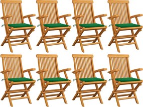 Skládací židle se zelenými polštáři, 8 ks, masivní teakové dřevo 3072894