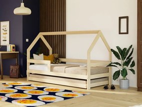Benlemi Dětská dřevěná postel domeček SAFE 3v1 se zábranou a přistýlkou Zvolte barvu: Béžová, Zvolte rozměr: 90x180 cm, Zvolte zábranu: S jednou zábranou