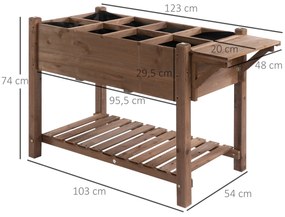 Vyvýšený záhonový truhlík Outsunny 123x54x74cm s 8 rošty a skládací policí z masivního dřeva v hnědé barvě pro zahradu a terasu | Aosom.de