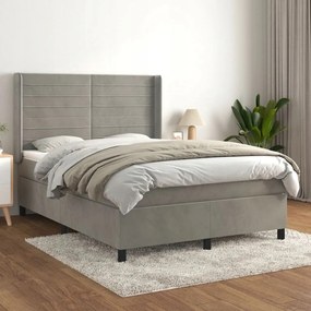 Box Spring Postel S Matrací Samet Světle Šedá vodorovné pruhy 140 x 190 c