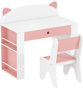 AIYAPLAY dětský stůl se židlí 2dílná dětská sezení s knihovnou a zásuvkou, design liška pro děti 3-8 let, bílo+růžové