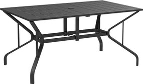 Outsunny Zahradní stůl z oceli 150x90 cm, odolný vůči počasí, balkonový stůl s otvorem na slunečník, lamelový design pro 6 osob, černý