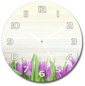 Wallmuralia Skleněné hodiny kulaté Fialové tulipány fi 30 cm