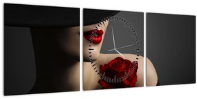 Obraz - Žena s růží (s hodinami) (90x30 cm)