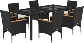 7dílný zahradní jídelní set s poduškami černý polyratan a sklo 3278649