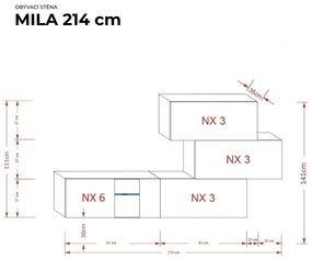 Ral Obývací stěna MILA, 214 cm - Bílý lesk