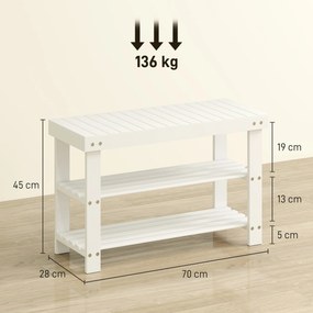 HOMCOM Bambusová botníková lavička se sedadlem, 3-patrový organizér na boty pro 6 párů do předsíně, obývacího pokoje nebo ložnice 70x28x45 cm Bílá