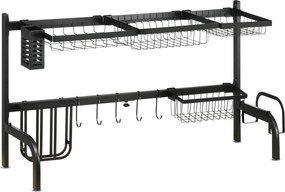 HOMCOM Sušák na nádobí, dvouúrovňový stojan na sušení nádobí, 51-93 cm s háčky, odkapávač pro kuchyňský dřez, nerezová ocel, černý | Aosom