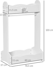 HOMCOM Dětský věšák na kabáty s policemi a bočními háčky, Dřevěný nábytek do dětského pokoje, 70,5x37x103cm, Bílý