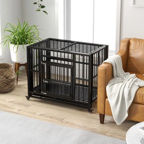 PawHut klec pro psy box pro psy s dvojitými dvířky bouda pro psy, kolečka, psí bouda, ocel, černá, 94 x 58 x 78 cm | Aosom