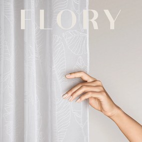Bílá záclona Flory s listovým vzorem a řasící páskou 140 x 280 cm