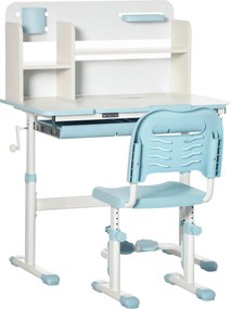 HOMCOM Dětský stůl a židlička pro děti od 3 let s nastavitelnou výškou, sklápěcí deskou, zásuvkou a policí 80x52x88-109 cm a 35,5x44,5x66-80 cm Modrá