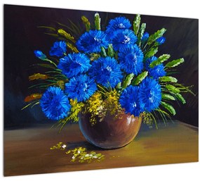 Skleněný obraz modrých květů ve váze (70x50 cm)