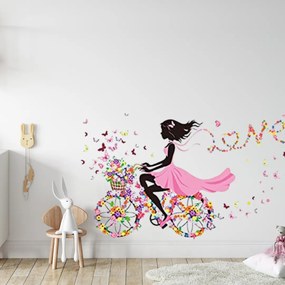 Samolepka na zeď "Dívka s motýly na kole" 140x70 cm