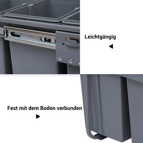 Mülleimer-Konstruktion mit 3 Abfalleimern zur Mülltrennung, Schienensystem, einbaubar, 3er-Set Müllbehälter, Grau
