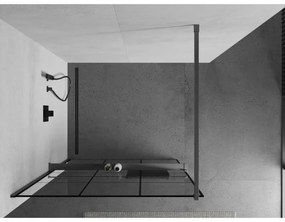 Mexen Kioto+, sprchová zástěna Walk-In s poličkou a věšákem 120 x 200 cm, 8mm čiré sklo černý vzor, ​​grafitový profil, 800-120-121-66-77