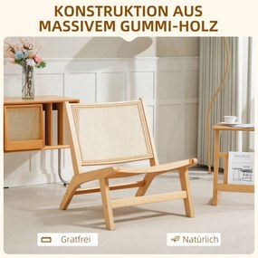 HOMCOM Křeslo bez opěradla s ratanovým zadním opěrným rámem, dřevěná konstrukce, čtecí křeslo do obývacího pokoje a ložnice, přírodní dřevo