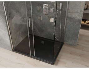 Mexen Omega, sprchový kout s posuvnými dveřmi 100 (dveře) x 80 (stěna) cm, 8mm čiré sklo, chromový profil + slim sprchová vanička černá + chromový sifon, 825-100-080-01-00-4070