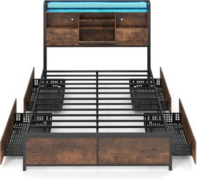 Costway Rám postele s LED osvětlením a nabíjecí stanicí rustikálně, 200 x 140 cm