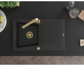 Mexen Cesar, granitový dřez 775x470x190 mm, 1-komorový, černá se zlatým sifonem a zlatá dřezová baterie Rita, 6514-77-670300-50