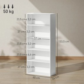 HOMCOM 5-patrová knihovna s 3 nastavitelnými policemi pro obývací pokoj, kancelář a ložnici 60x24x133,5 cm Bílá