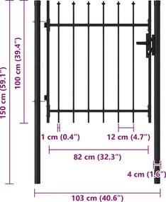 vidaXL Zahradní branka s hroty ocelová 1 x 1 m černá [146032]
