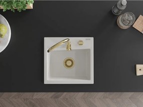 Mexen Milo, granitový dřez 435x410x171 mm, 1-komorový, bílá se zlatým sifonem, 6505441000-20-G