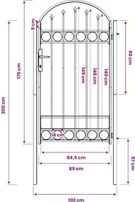 Plotová brána ASSEN s klenutým vrškem ocelová 100 x 175 cm černá 143087