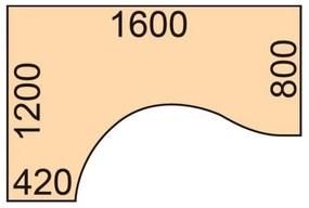 Výškově nastavitelný stůl, 2 motory, 745 - 1215 mm, ergonomický levý, deska 1600 x 1200 mm, bílá podnož, ořech