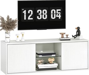 HOMCOM TV stolek pro až 55" plovoucí nebo na podlaze, dveře s tichým zavíráním, průchod kabelů a skleněná police, bílá