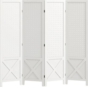 HOMCOM vnitřní paraván ze dřeva, 4 panely, skládací příčka, děrovaný panel, 152 x 1,7 x 144,5 cm, bílá