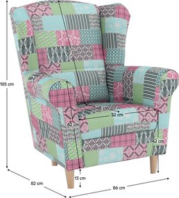 relaxační křeslo, ušák, dřevo/látka, nohy světlé/potah patchwork M1, Tempo Kondela CHARLOT