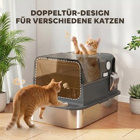 PawHut XXL nerezová krytá toaleta pro velké kočky — sklápěcí kryt, vysoké boky, vrchní vstup, lopatka, odolná vůči zápachu, snadné čištění, černá