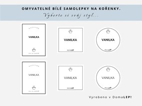 VANILKA - omyvatelná samolepka na kořenky, výběr rozměrů Ø 5 cm / 5 x 5 cm / 6 x 8 cm | DomaLEP tvar: KOLEČKO, barva: BÍLÁ - ČERNÉ písmo, velikost: Ø 5 cm - tučné písmo