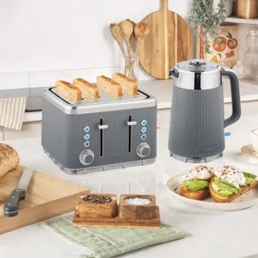 HOMCOM Varná konvice 2200 W, 1,7 l s funkcí rychlého vaření, filtr proti vodnímu kameni a toustovač na 4 plátky s 7 stupni opékání, šedá