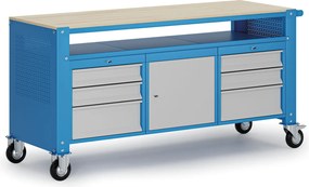 Pojízdný dílenský stůl G9, 1 horní police, 1 skříňka, 6 zásuvek, 1690 x 595 x 865-1130 mm, šedá/modrá