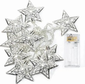 LED světýlka na baterie, 1,3 m, kovové hvězdy, ledově bílá, 10 diod, čirý kabel, IP20 interiér, 2× AA