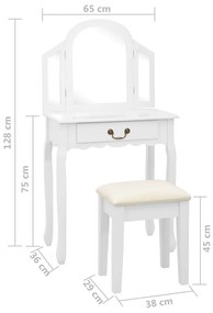 vidaXL Toaletní stolek se stoličkou bílý 65x36x128 cm pavlovnia MDF