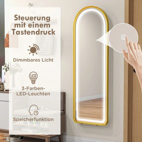 HOMCOM Zrcadlo po celé délce se stmívatelným LED světlem, nástěnné a stojací zrcadlo, šatní zrcadlo s dotykovým spínačem, zlaté 47x146 cm | Aosom.de