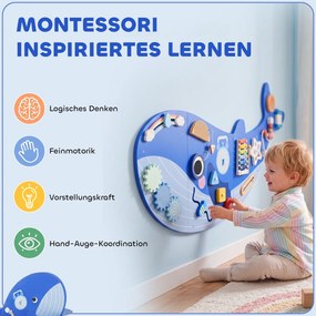 AIYAPLAY Montessori motorická deska 13v1 dřevěné Busy Board ve tvaru velryby, nástěnně montovaná herní deska s xylofonem, hodinami a ozubenými koly