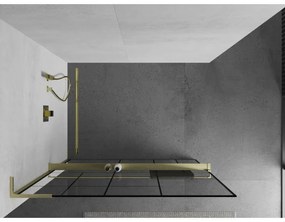 Mexen Kioto+ L, sprchová zástěna Walk-In s poličkou a věšákem 90 x 200 cm, 8mm čiré sklo černý vzor, ​​zlatý matný profil, 800-090-123-55-78