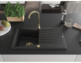 Mexen Cesar, granitový dřez 775x470x190 mm, 1-komorový, černá se zlatým sifonem, 6514771010-77-G