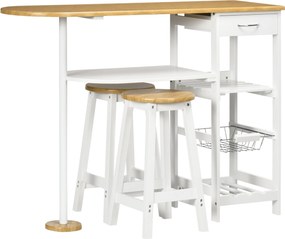 HOMCOM Set barového stolu s 1 zásuvkou, 2 policemi, odnímatelným košíkem a regálem na víno, výška stolu 119x38.5x88.5 cm a 2 stoličky 29x29x55 cm pro