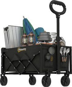 Outsunny skládací vozík 80 l s teleskopickou rukojetí, výklopným čelem a držáky na nápoje — nosnost 150 kg, černý | Aosom