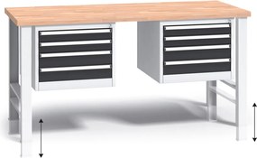 Výškově nastavitelný pracovní stůl do dílny G3 se 2 závěsnými boxy na nářadí, buková spárovka, 8 zásuvek, 1700 x 685 x 840 - 1050 mm, grafit