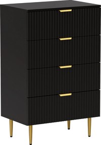 HOMCOM komoda se 4 zásuvkami, ložnicová komoda, moderní úložný nábytek s úchyty a zlatými nohami, rozměry 60 x 40 x 96 cm, černá