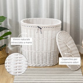 Proutěný koš na prádlo HOMCOM s víkem, pratelné textilní vnitřní tašky, pojme 15 kg špinavého prádla, bílý
