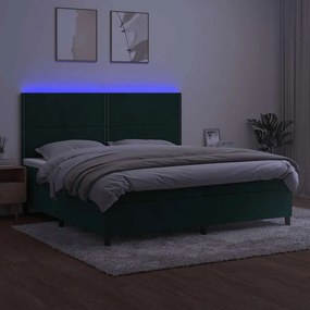 Box spring postel s matrací a LED tmavě zelená 200x200 cm samet 3136086