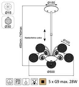 ACA DECOR Závěsné svítidlo SKYLAR max. 5x28W/G9/230V/IP20